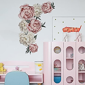 Flowers Wall Decals Floral Wall Stickers Peel and Stick Pink Peonies Wall Murals Rose Flower Wall Decor for Bedroom Girls Room Living Room Nursery