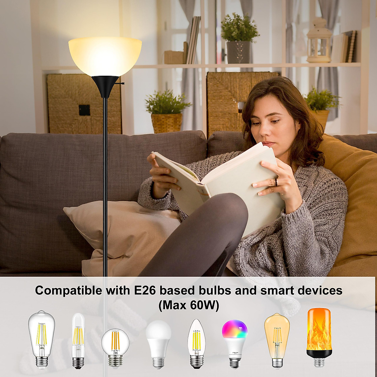 BoostArea Floor Lamp, Standing Lamp, 9W LED Floor Lamp, Energy Saving, 50,000hrs Long Lifespan, 3000K Warm White, Eye-Caring, Torchiere Floor Lamps for Bedroom, Living Room, Office, Reading, Black