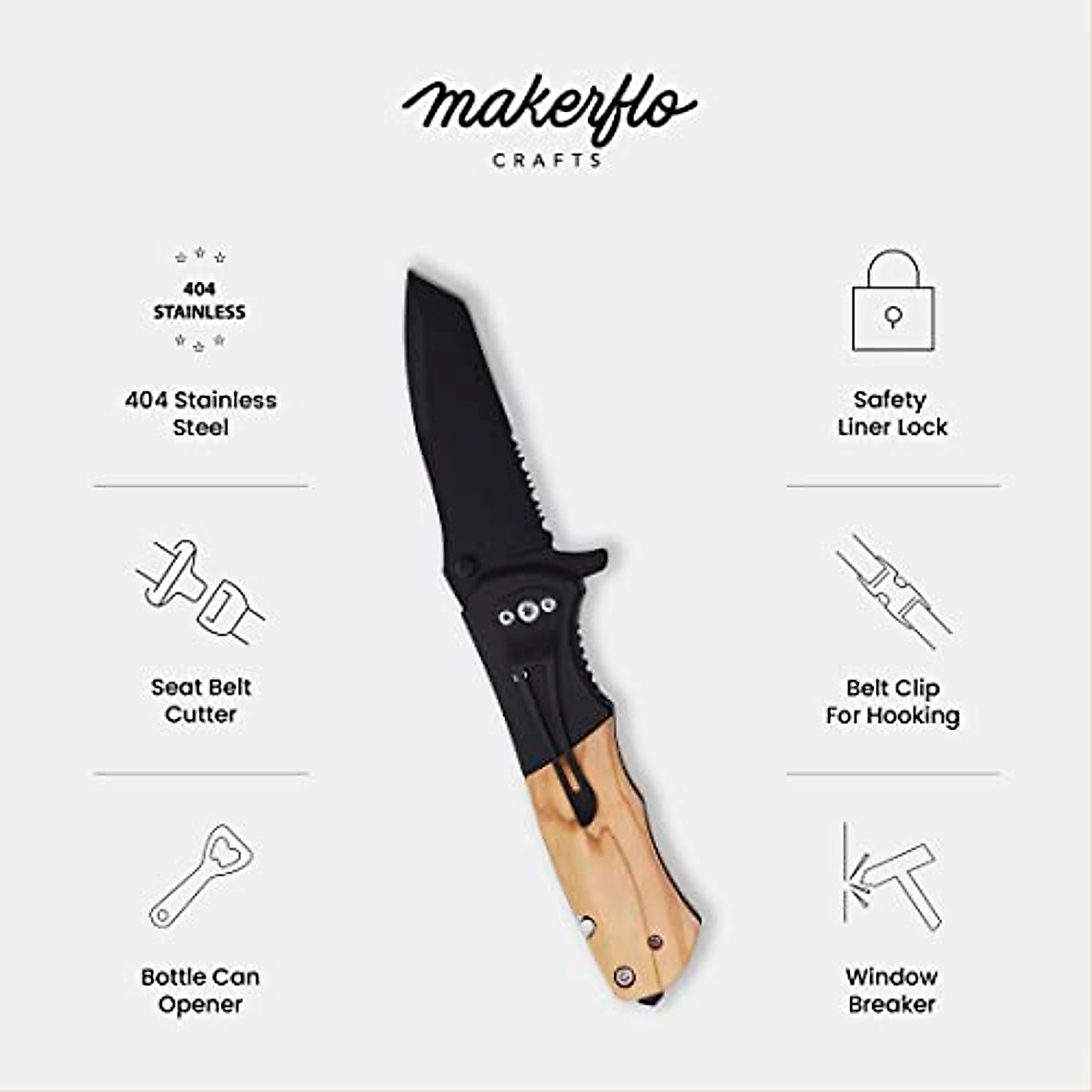 makerflo Beast Tactical Folding Pocket Knife with Natural Wood Handle -Spring Assisted, Multitool with Glass Cutter,Seatbelt Opener & Belt Clip -Ideal for Camping, Hiking, Self Defense,Survival,1pc