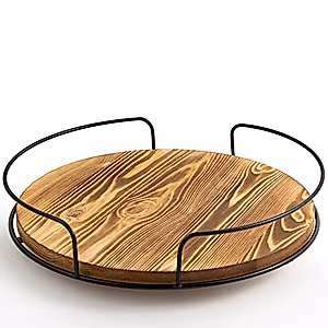 12 Inch Wood Lazy Susan Turntable for Table, Kitchen Rustic Turntable Organizer with Steel Frame, 360 Degree Decorative Turntable for Countertop Cabinet or Centerpieces