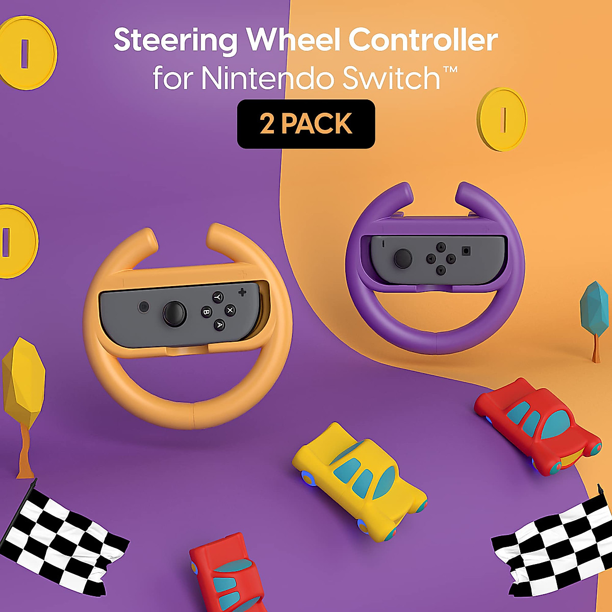 TALK WORKS Steering Wheel Controller for Nintendo Switch 2 Pack - Switch Racing Games Accessories Joy Con Controller Grip for Mario Kart - Purple/Orange