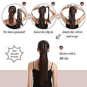 BARSDAR 26 inch Ponytail Extension Long Straight Wrap Around Clip in Synthetic Fiber Hair for Women - Dark Brown mix Auburn Evenly
