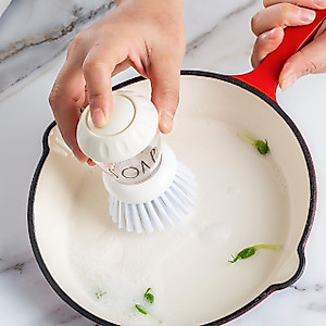 Rae Dunn Collection Soap Dispensing Dish Brush Set - Set of 2 Palm Brush Dish Scrubber with 2 Replacement Brush Heads