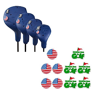 FRANKTECH Golf Club Covers 4pcs and 10pcs USA Flag Pins, Plastic Golf Head Covers for Driver Fairway Woods Hybrid, Driver Headcover Fit All Right-Handed Golf Clubs, Easy On Off, Washable, Funny