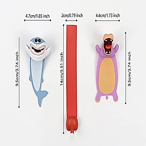 3 Pieces+ Gift 3D Animal Bookmarks for Kids and Students, Cute, Funny, Wacky, and Sturdy, Kawaii Stereo Cartoon Bookmarks -Hippo, Shark, Kitten , and Stick Markers for Notes