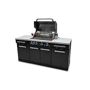Mont Alpi MA-957 5-Burner 63000 BTU Black Stainless Steel Outdoor Kitchen Bar Gas Island Grill w/ Infrared Rear Burner + Rotisserie Kit + Granite Countertop + Storage Cabinets & Full Weather Cover