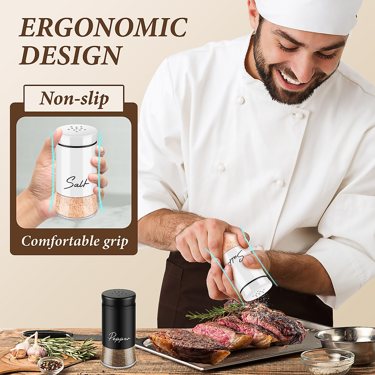 Salt and Pepper Shakers Set,Kitchen Decor and Accessories for Countertop Kitchen Gadgets Cooking Table Housewarming Christmas Gift Refillable Design (Black + White)