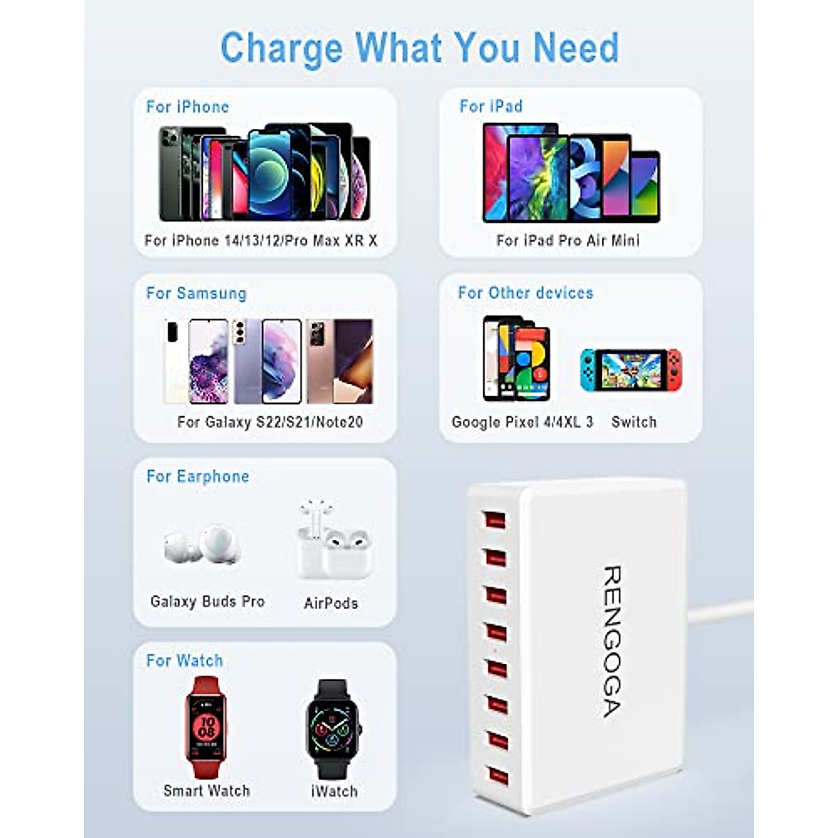 USB Charging Station, RENGOGA 50W/10A USB Charger 8-Ports USB Charging Hub, Multi USB Charger Block for Multilple Devices, iPhone 13 12 11 Pro Max,iPad Air, Samsung Galaxy S21 S20, Tablet-White