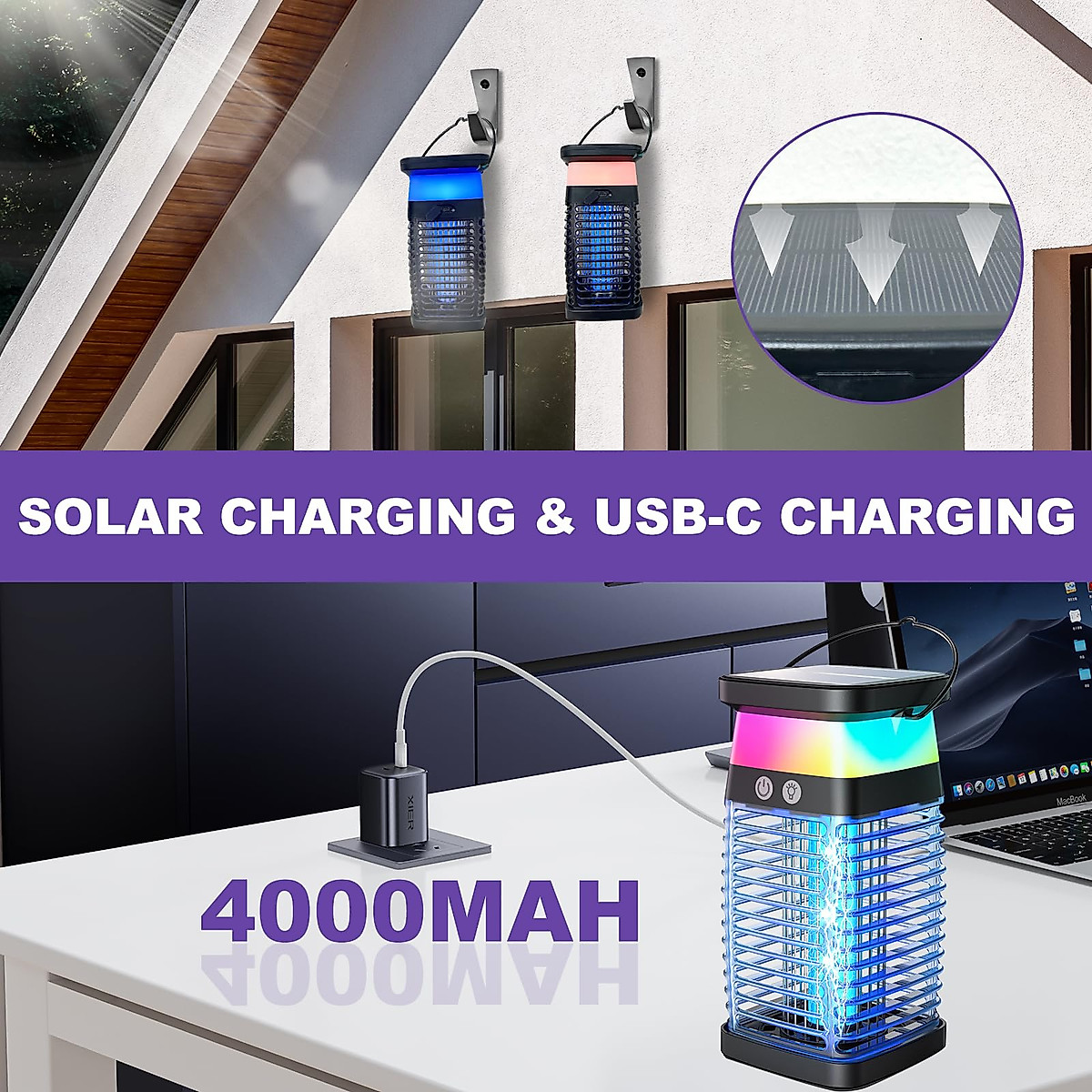 Solar Bug Zapper Outdoor,Portable Mosquito Zapper, Indoor Mosquito Zapper Rechargeable,IP68 Waterproof Electric Mosquito Trap Fly Zapper with RGB Light for Patio,Camping,Home,Backyard,Garden