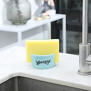 MyGift 3 Inch Small Modern Aqua Blue Glazed Ceramic Sink Sponge Dish with Black Cursive Lettering"Sponge" Label, Kitchen Dishwashing Scrubber Holder Caddy