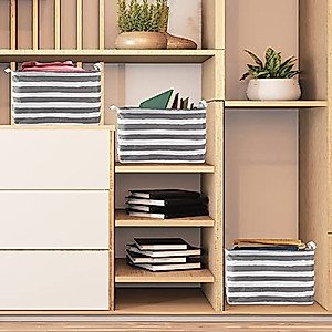 Consmos Rectangle Storage Baskets for Organizing Shelves Set of 3, Collapsible Canvas Storage Bins Nursery Hamper Toy Storage Organizer with Handles for Toys Books Clothes, Gray& White Stripe