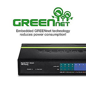 TRENDnet 8-Port Gigabit GREENnet PoE+ Switch, TPE-TG44G, 4 x Gigabit PoE/PoE+ Up to 30 W/Port, 4 x Gigabit, 61 W Power Budget, 16 Gbps Switch Capacity, Ethernet Unmanaged Switch