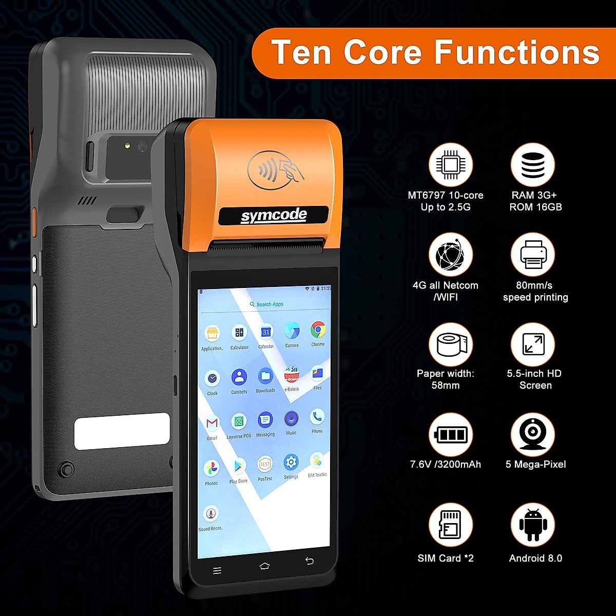 symcode POS PDA Thermal Receipt Printer,1D 2D Barcode Scanner Handheld PDA Printer Mobile POS Machine 5.5" Touch Screen 58mm Thermal Printer Android 8.1 Support 4G WiFi Bluetooth and NFC