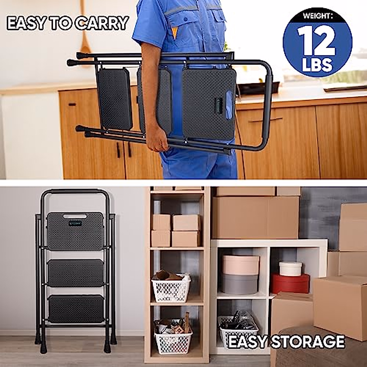 TICONN 3 Step Ladder, Heavy Duty Foldable Step Stool, 330lbs Rated Portable Steel Folding Stool with Wide Anti-Slip Steps and Handgrip for Household Garage Storage (Black)