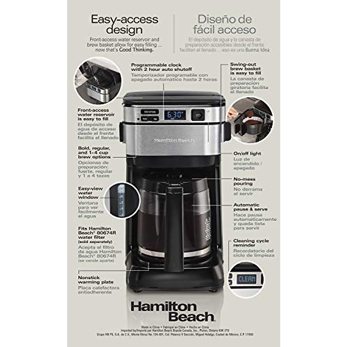 Hamilton Beach Programmable Coffee Maker, 12 Cups, Front Access Easy Fill, Pause & Serve, 3 Brewing Options, Black (46310)