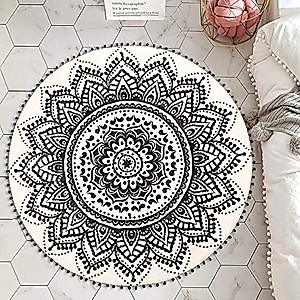 LIVEBOX Boho Area Rug 4ft Black and Cream Mandala Round Bedroom Rug with Chic Pom Pom Fringe Non-Slip Machine Washable Ultra Soft Indoor Sofa Floor Mat for Living Room Playroom Kids Room
