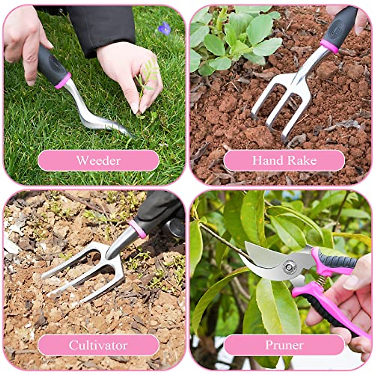 HLWDFLZ Garden Tool Set - 13 Pieces Heavy Duty Aluminum Gardening Tools, Gardening Gifts for Women, with Storage Box Pruning Shears Gardening Knee Pads Succulent Tools, Pink
