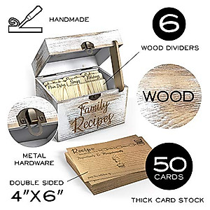 Wooden Recipe Box with Cards and Dividers - Includes 6 Wood Dividers - 50 Double Sided 4x6 Recipe Cards - Premium Handcrafted Quality - Great Gift Idea - Wedding, Birthday, Anniversary, Mother's Day