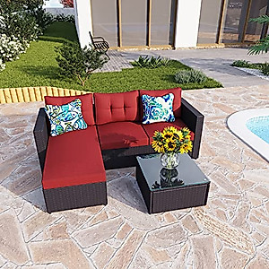 PHI VILLA Outdoor Patio Rattan Sectional Sofa- Small Patio Wicker Furniture Sofa Set 3-Piece, Red