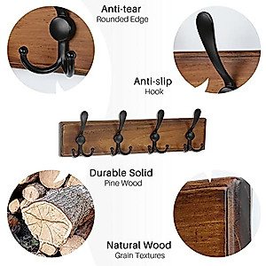 SCUNDA Coat Rack Wall Mount with 4 Hooks, Coat Hanger for Wall, Wooden Wall Hook for Coat, Jacket, Hat, Backpack, Belt, Tie, Key (2-Pack, Rustic Brown)