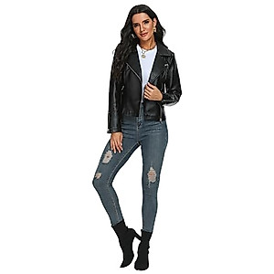 Fahsyee Women's Leather Jackets, Faux Motorcycle Plus Size Moto Biker Coat Short Lightweight Vegan Pleather Fashion, Black, M