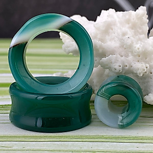 Mystic Metals Body Jewelry Pair of Green Line Agate Stone Concave Double Flared Tunnels (STN-746) (5/8" (16mm))