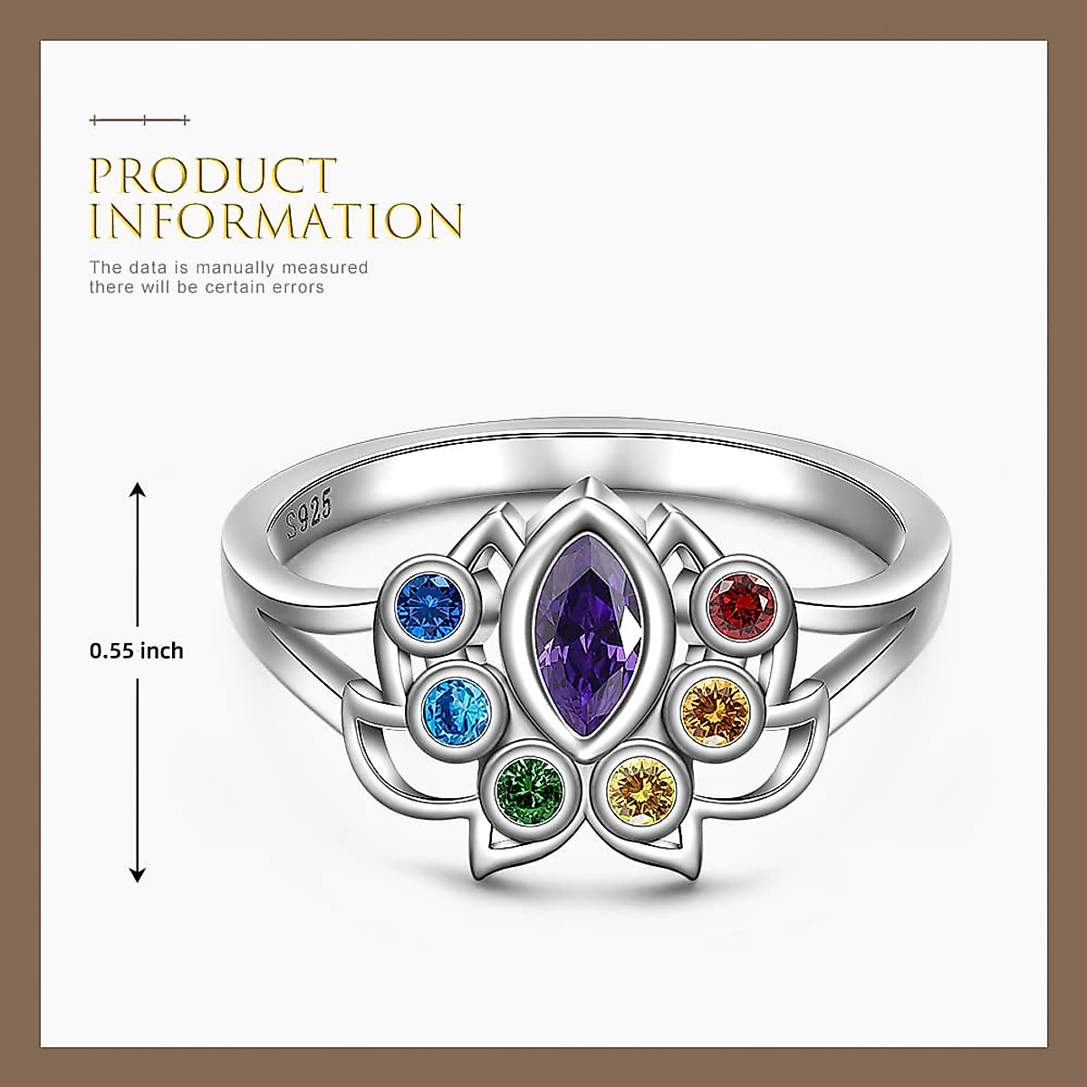 Talonior Lotus 7 Chakra Ring for Women Yoga Lotus Flower Chakra Rings Sterling Silver 925 CZ Healing Crystal Stone Protection Anxiety Relief Jewelry Christmas Gifts Size 7