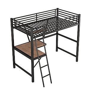 P PURLOVE Metal Loft Bed with Desk Twin Size High Loft Bed with L-Shaped Desk and Shelf and Ladder,No Box Spring Need