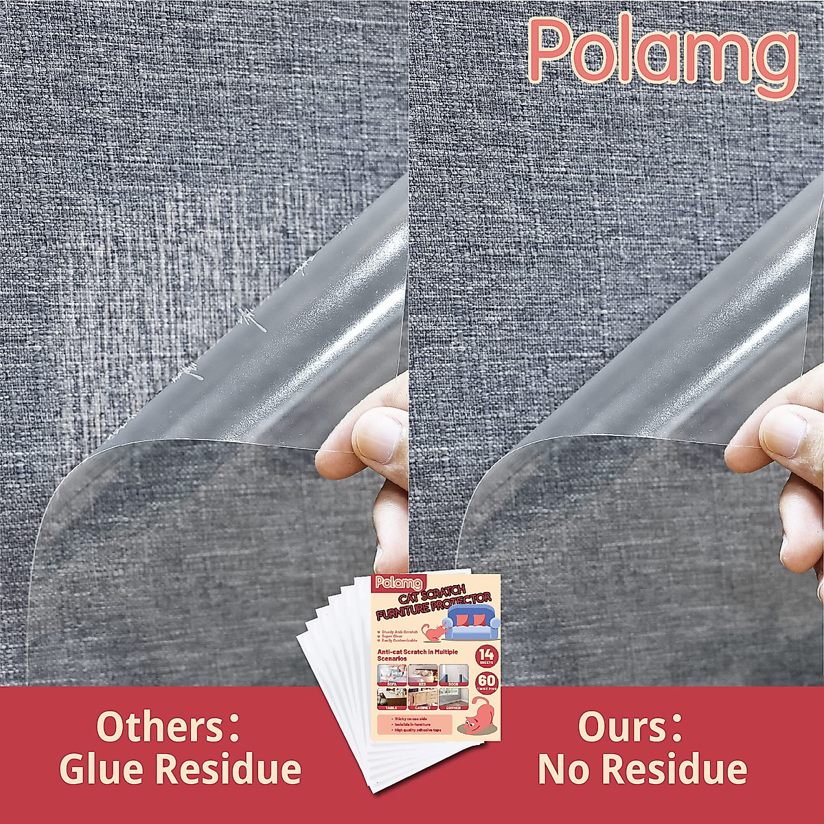 Polamg Anti Cat Scratch Furniture Protector-14 Pack Single Side Couch Protector for Cats, Self-Adhesive Cat Tape for Furniture, Cat Scratch Deterrent for Furniture Door Walls