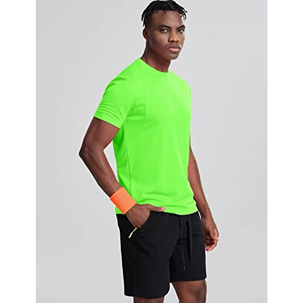 Zengjo Mens Moisture Wicking Shirts-Short Sleeve Workout Tee(Neon Green,XXL)