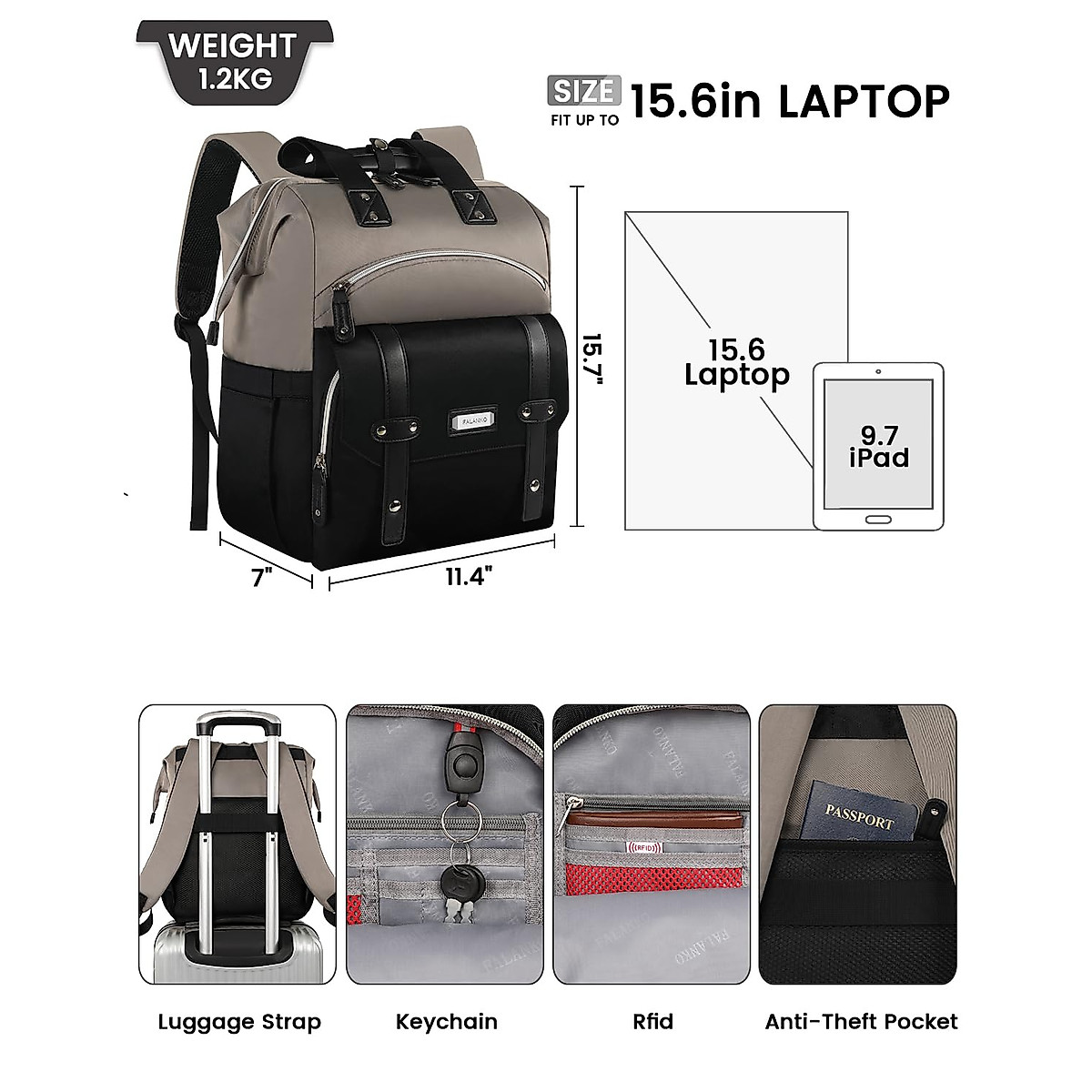 FALANKO Laptop Backpack for Women, Doctor Nurse Teacher Work Travel Backpack for 15.6 Inch Laptop with RFID Anti-theft USB Charging Port College Purse Business Computer Bookbag Grey Black