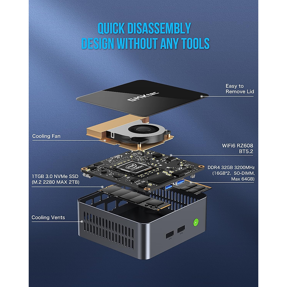 GMKtec Mini PC Preinstalled Windows 11 Pro Intel Core i7-11390H (Turbo 5.0 GHz) 32GB DDR4 1TB SSD Desktop Mini Computers WiFi 6, BT 5.2, DP, HDMI, RJ45 2.5G, USB3.2