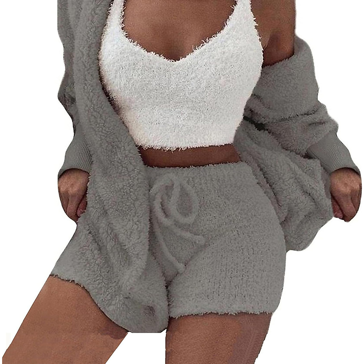 Vakkest Women's Fuzzy 3 Piece Sweatsuit Open Front Cardigan Crop Tank Tops Lounge Sets Outfit Pajamas Sherpa Outwear Nightwear