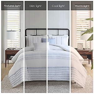 Harbor House Queen Duvet Cover Set, Stripes Clipped Jacquard, Cotton Oversized Duvet Cover for a Queen-Size Bed, Farmhouse Bedding Cover, 2 Shams, 2 Décor Pillows, Morgan, Full/Queen White/Blue