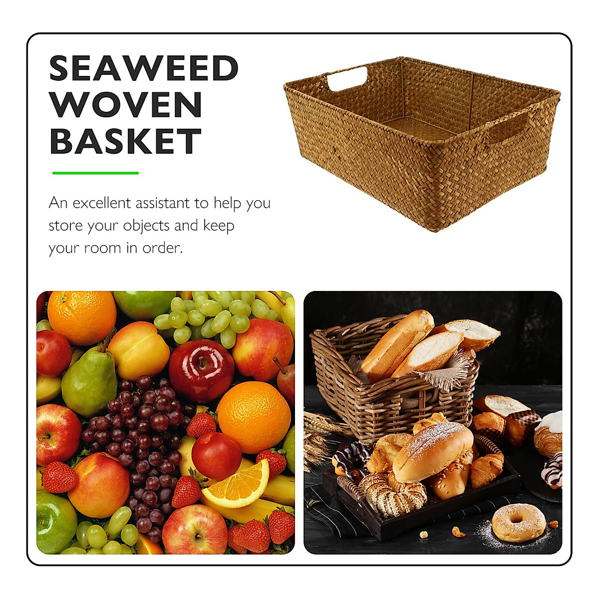 DOITOOL Woven Baskets for Storage - Seagrass Baskets Wicker Storage Basket with Handle - Natural Shelf Baskets Rectangle Basket for Closet Organizers and Storage (15 inch)