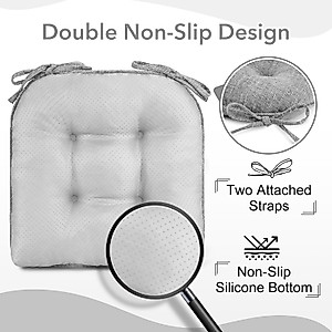 downluxe Indoor Chair Cushions for Dining Chairs, Tufted Overstuffed Textured Memory Foam Kitchen Chair Pads with Ties and Non-Slip Backing, 15.5" x 15.5" x 4", Light Grey, 4 Pack