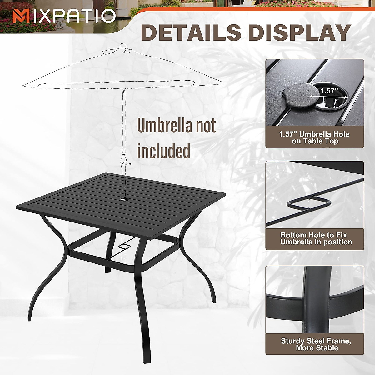 MIXPATIO 5 Pieces Patio Dining Set, 4 People Outdoor Furniture Set, 37" Square Metal Table with 1.57" Umbrella Hole, 4 Padded Textilene Standard Chairs，for Deck Garden Backyard Lawn Poolside