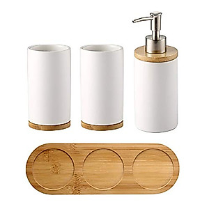 Onepine 4-Piece Ceramic Bathroom Set Includes Soap Dispenser Pump, Toothbrush Holder, Tumblers, Wooden Tray