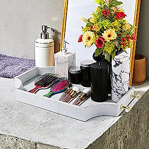 Sophinique Shagreen Vegan Leather Scallop Edges Serving Tray for Drinking & Food, Wooden Tray with Acrylic Handles for Watches, Mobiles, Cosmetics, Non-Slip Bottom Ottoman Decorative Tray (Blue)