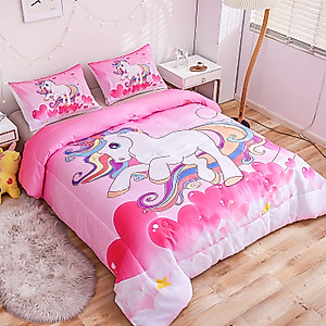 PHANTASIM Unicorn Bedding Twin Bedding Sets for Girls-3 Pieces Unicorn Kids Rainbow Comforter Set Twin Soft Brushed Microfiber Kids Twin Comforter Set for Girls Boys with 2 Pillowcase All-Season