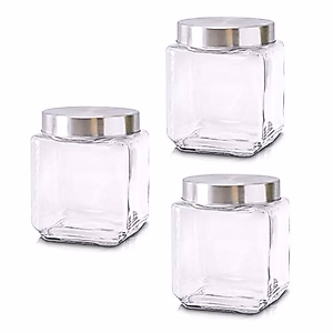 Food Storage Containers – Set of 3 Glass Jars with Stainless Steel Lids – Square Glass Containers for Coffee, Spices, Beans and Food – Reinforced Lid for Secure Closure – 40oz