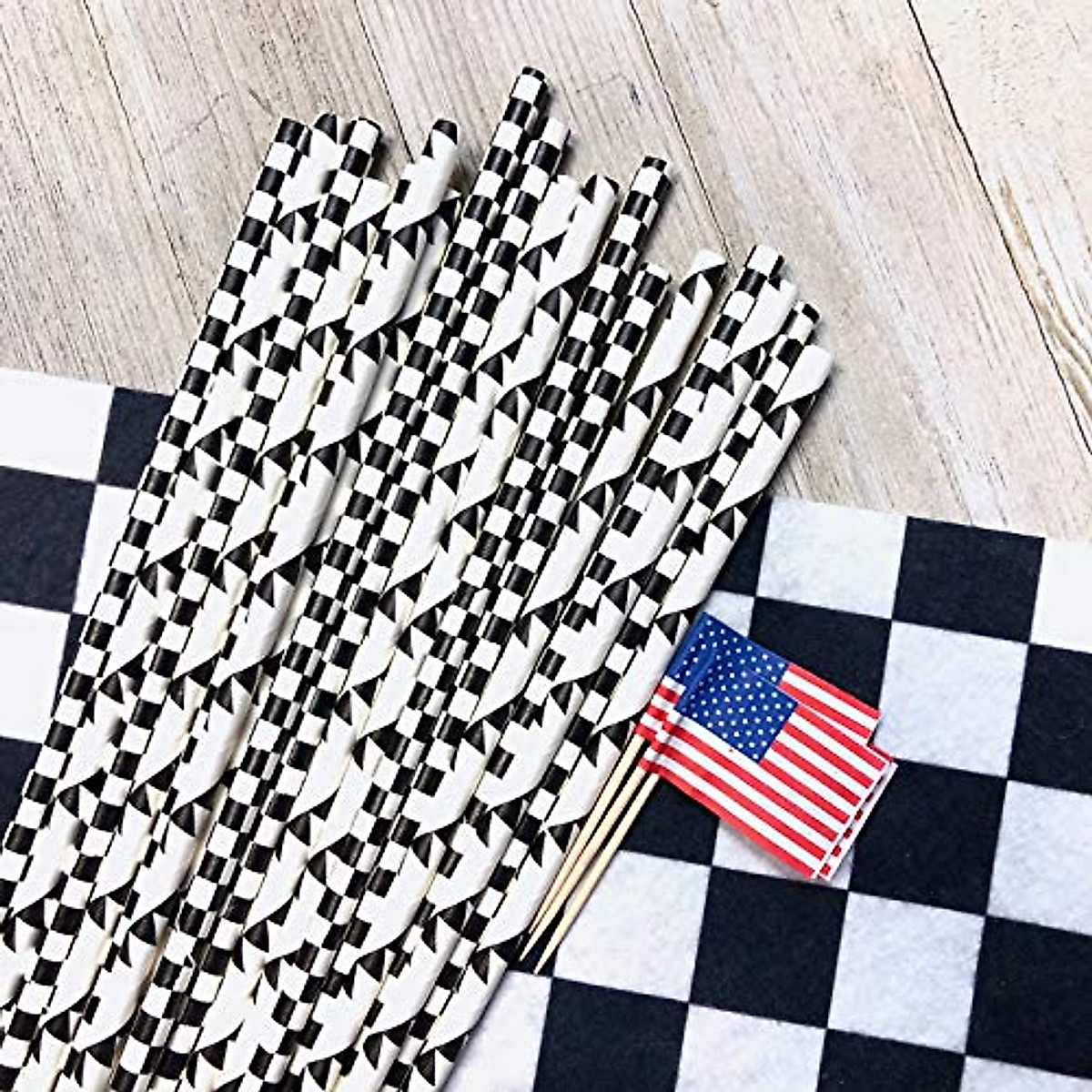 Black and White Race Theme Paper Straws - Checkered and Banner - 100 Pack