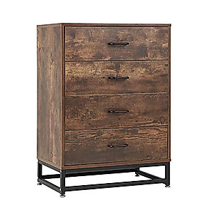 MELLCOM Chest of Drawers, Industrial Tall Dresser with 4 Drawers,Wood Storage Cabinet with Sturdy Metal Frame, Organizer Unit for Bedroom, Living Room, Hallway, Dark Brown