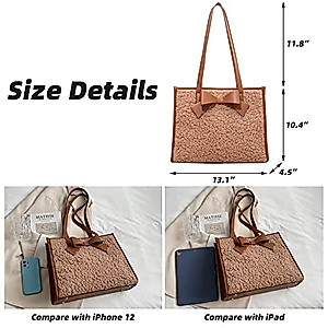 Mudono Tote Bag for Girls Women Faux Shearling Shoulder Purse Spacious Medium Work Bag Elegant Fluffy Handbag with Bow