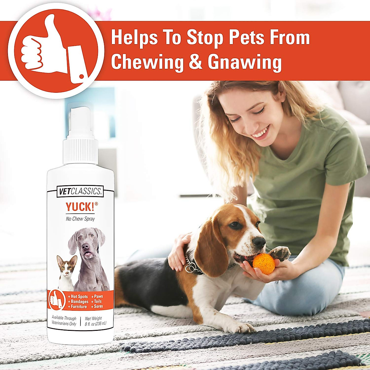 Vet Classics Pet Deterrent Spray for Dogs, Cats - Yuck! No-Chew Training Spray - 8 Fl Oz - Water-Based Formula for Chewing - Helps Stop Furniture, Surfaces, Bandages, Pet Sores Chewing