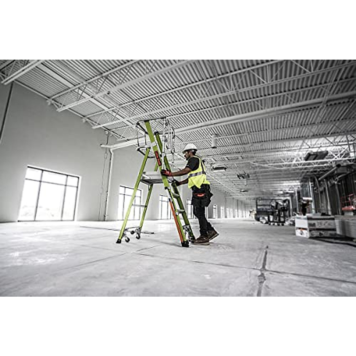 Little Giant Ladders Little Giant Ladder Systems Safety Cage 2.0, M4, 4ft Enclosed Platform, Ladder with Adjustable Outriggers, Fiberglass, Type 1AA, 375 lbs Weight Rating, (19704-146), Hi-viz Green