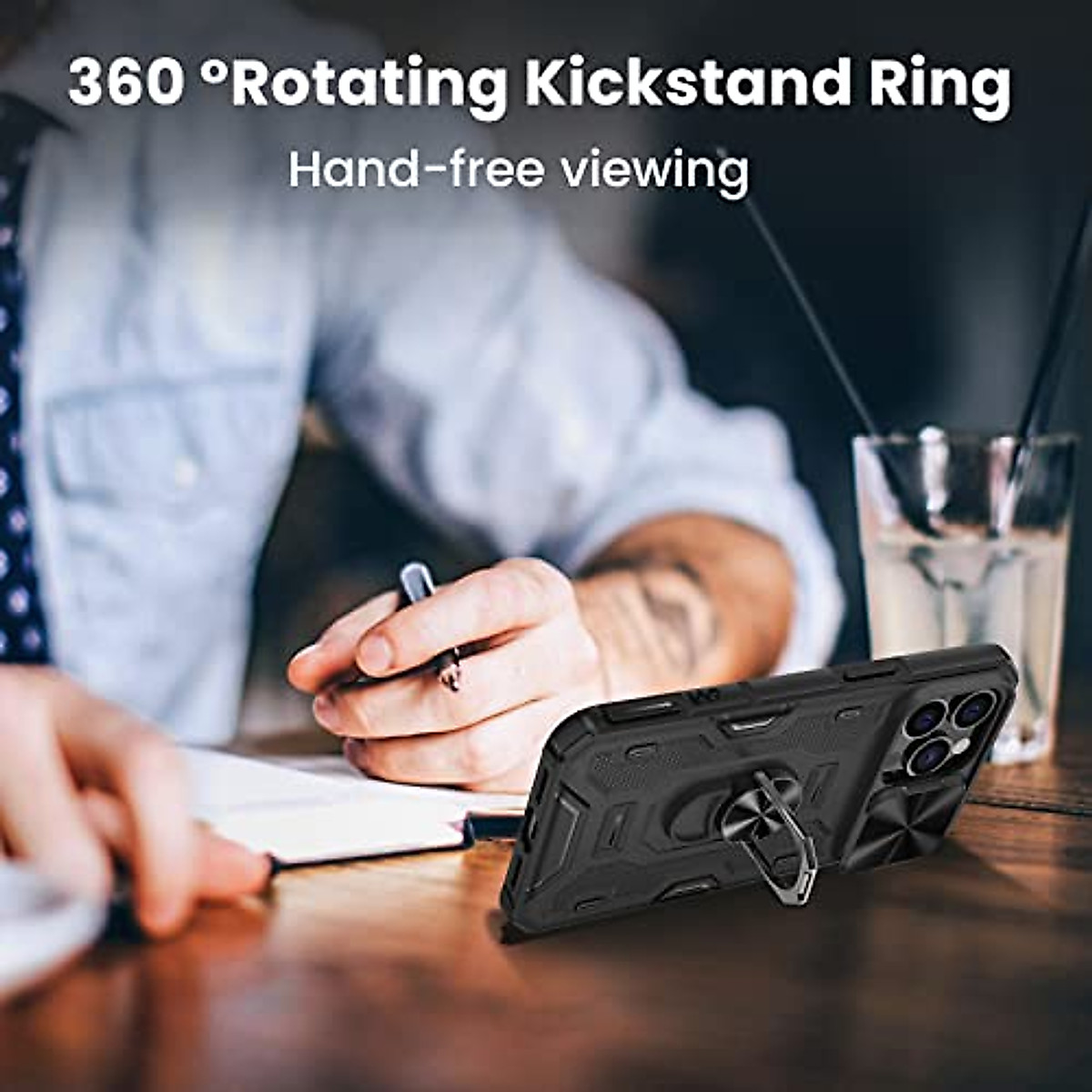 VEGO for iPhone 14 Pro Max Case, iPhone 14 Pro Max Kickstand Case with Slide Camera Cover Built-in 360° Rotate Ring Stand Magnetic Shockproof Phone Cover Case for iPhone 14 Pro Max 6.7" 2022 - Black