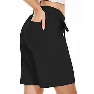 TARSE Women's Bermuda Shorts Summer Long Cotton Drawstring Loose Pocket Knee Length Shorts Yoga Casual Walking Exercise Shorts(Black,M)
