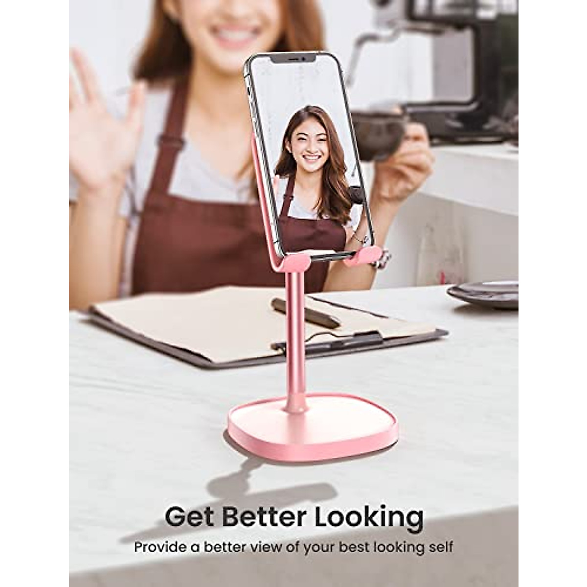 LISEN Pink Kitchen Accessories Kawaii Cell Phone Stand for iPhone & Desk Taller and More Photogenic Than Phone Dock Free Your Neck Height Angle Adjustable iPhone Holder Stand Things