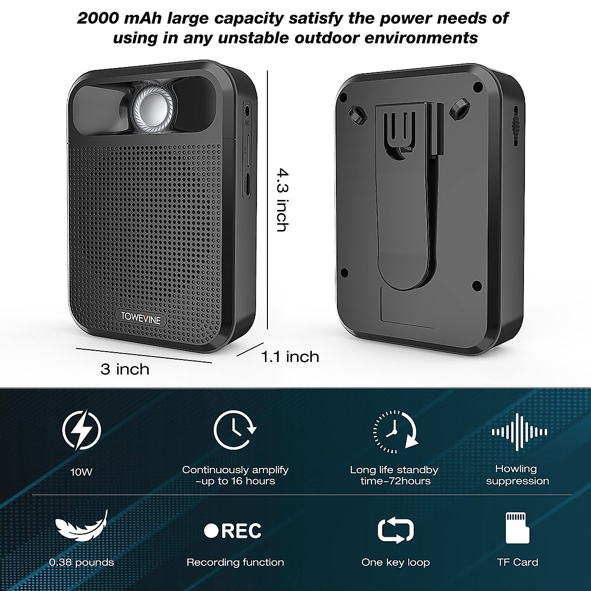 Portable Voice Amplifier, Towevine Rechargeable Microphone for Teachers, Speaker with Headset and Waistband for Classroom, Singing, Coach, Training, Presentation, Tour Guide